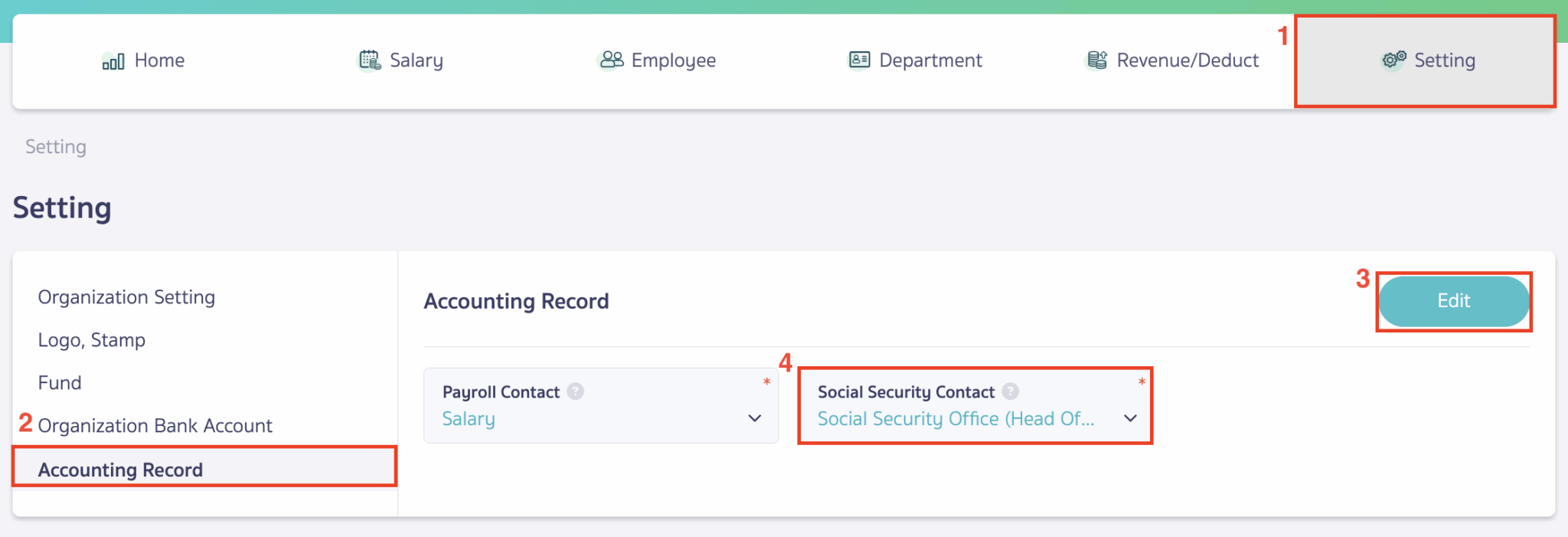 Adding contacts and configuring account recording in PEAK Payroll